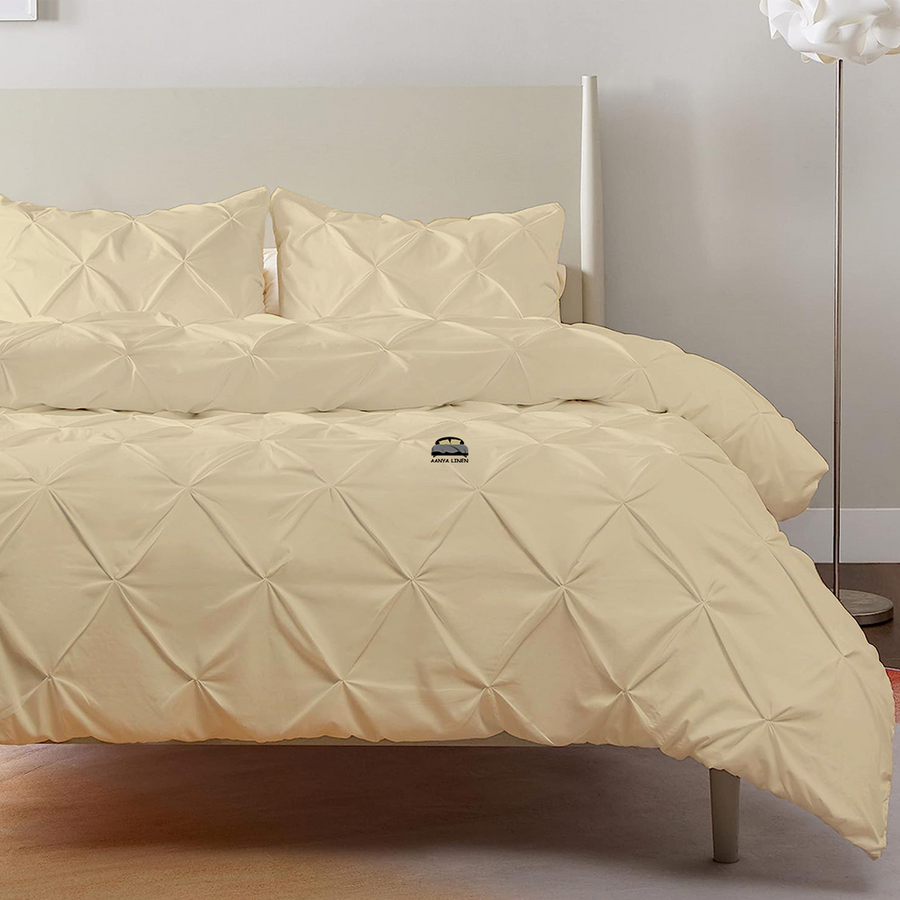 Ivory Cream Pintuck Duvet Cover King Queen - AanyaLinen
