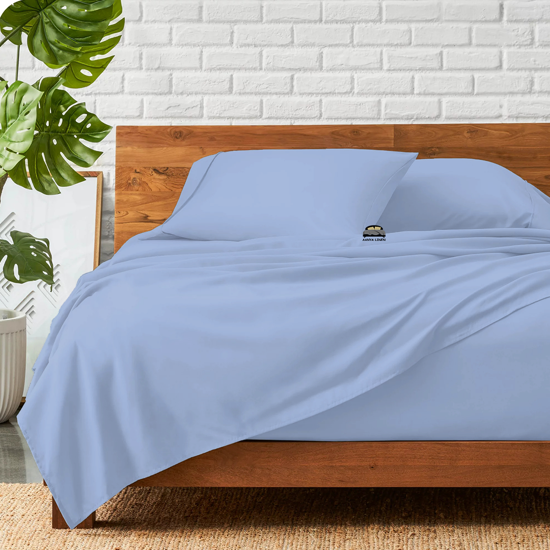 Bliss Light Blue Sheet Set Solid 400TC On Sale - AanyaLinen