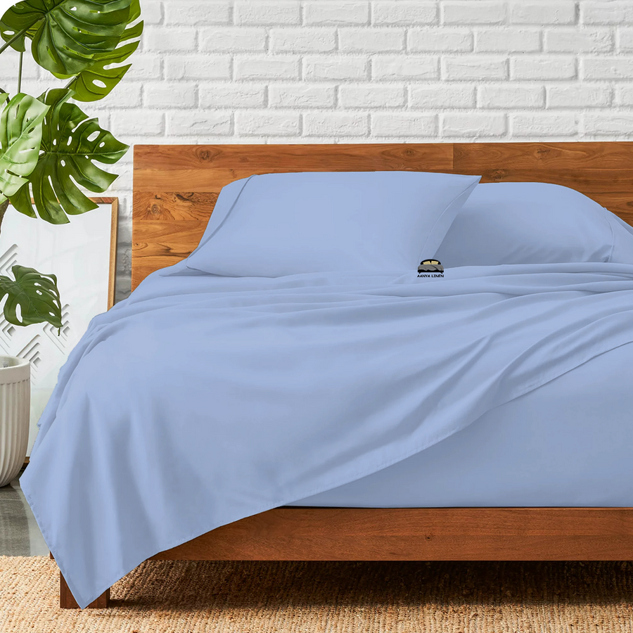 Bliss Light Blue Sheet Set Solid 400TC On Sale - AanyaLinen