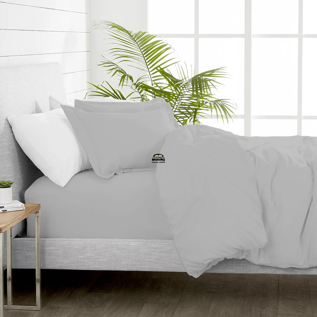 Bliss Light Grey Duvet Cover Set with Fitted Sheet - Aanya Linen