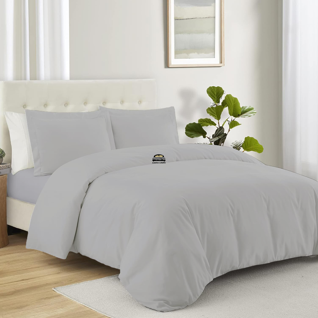 Bliss Light Grey Duvet Cover Set with Fitted Sheet - Aanya Linen