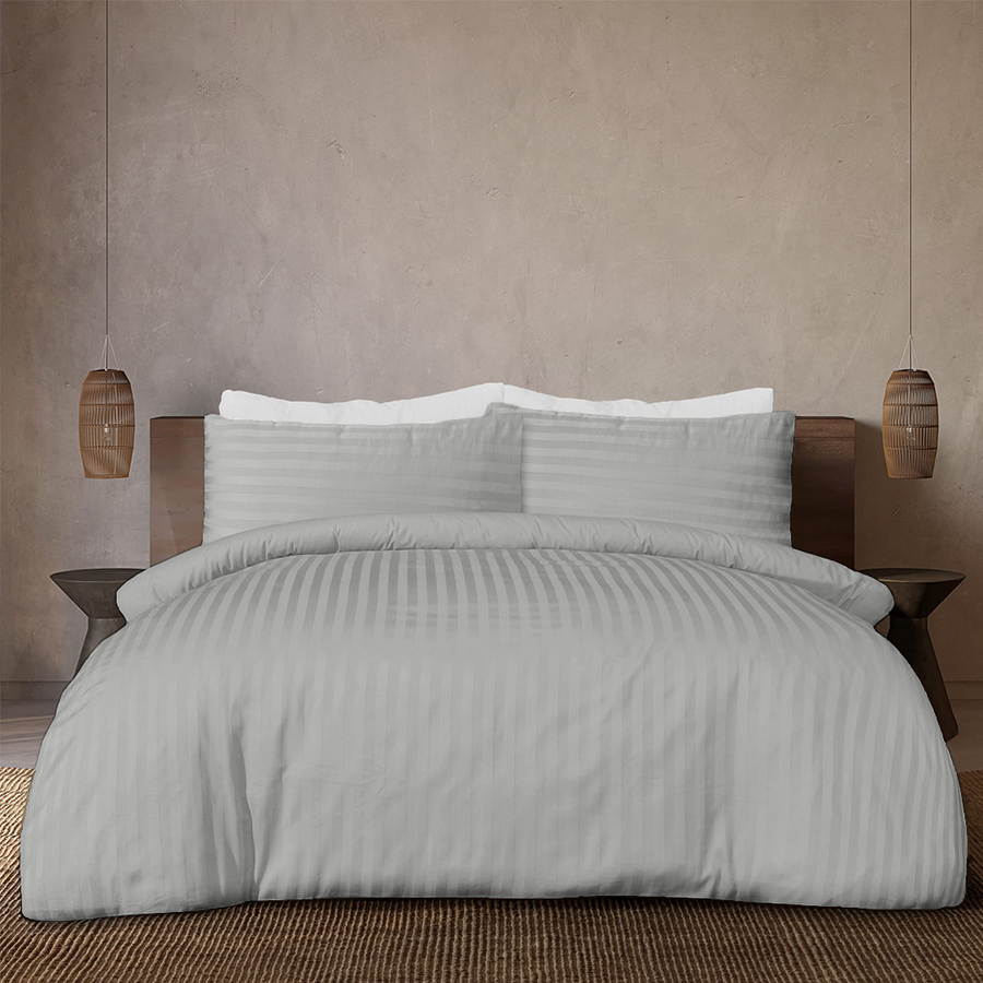 Light Grey Stripe Duvet Cover Set Comfy Sateen - Aanya Linen