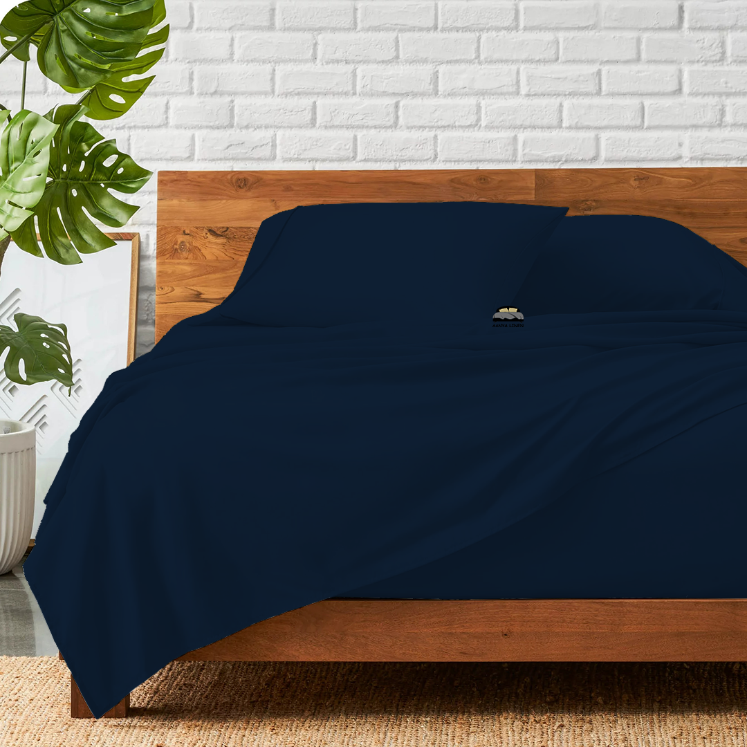 Navy Blue Sheet Set Bliss Solid - Aanya Linen