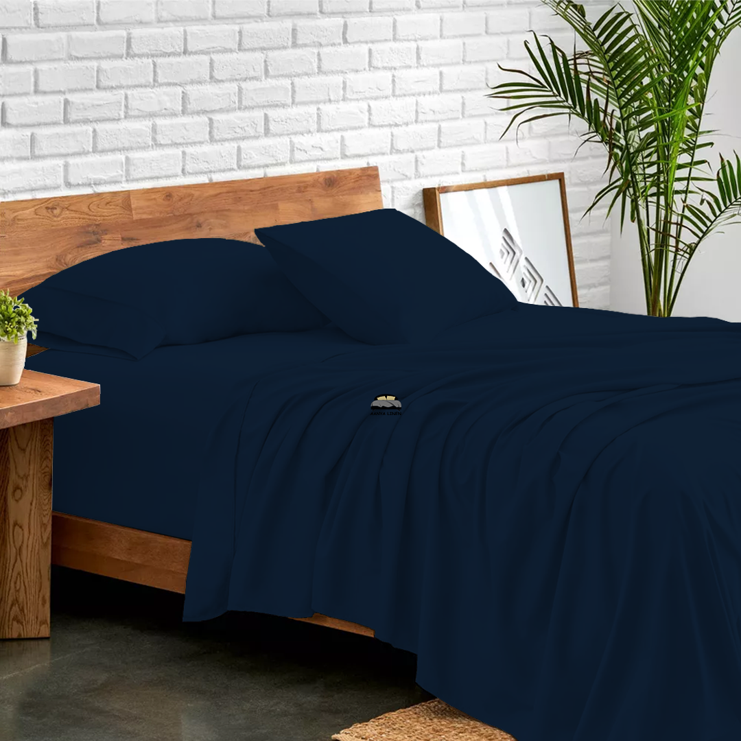 Navy Blue Sheet Set Bliss Solid - Aanya Linen