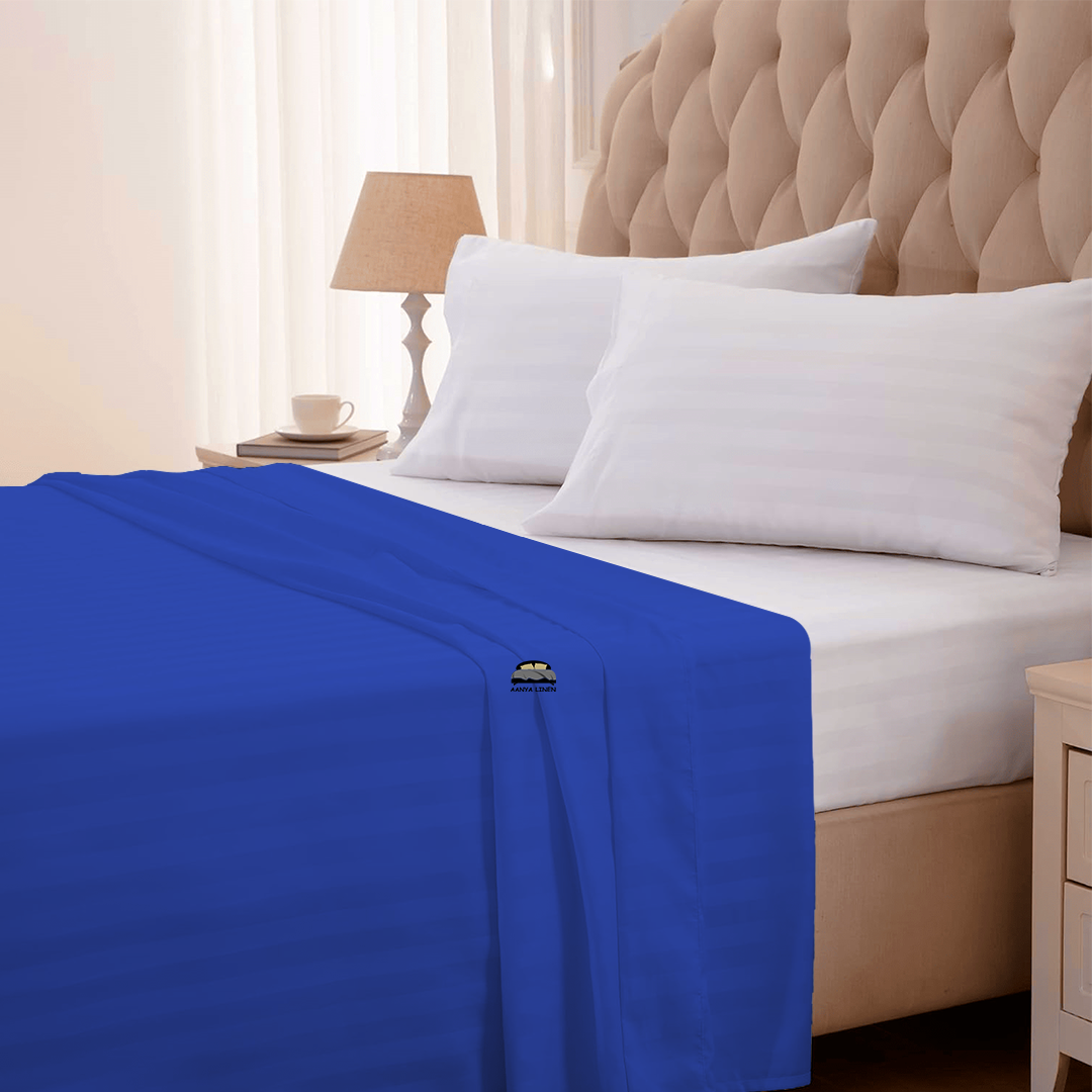 Buy Royal Blue Striped Flat Sheets - AanyaLinen