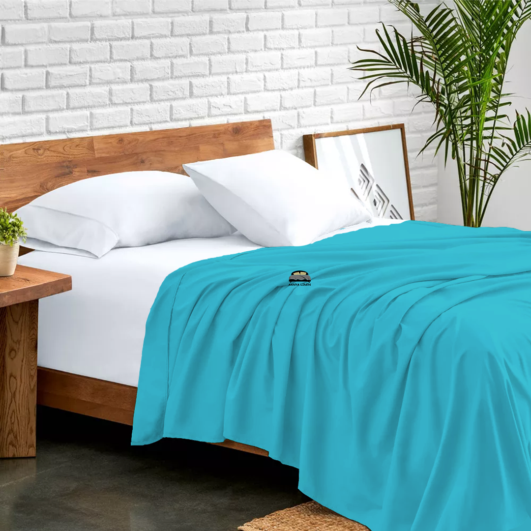 Turquoise Flat Sheet Solid Comfy Sateen - AanyaLinen
