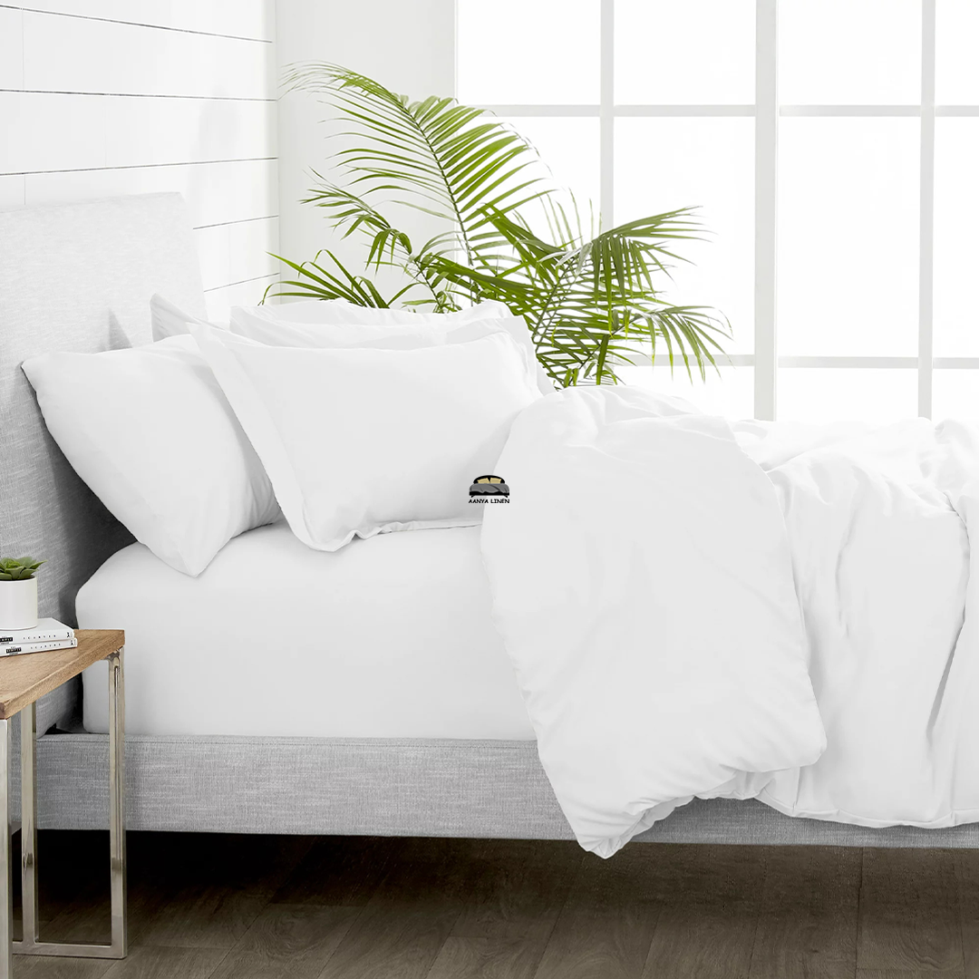 Bliss White Duvet Cover Set with Fitted Sheet - Aanya Linen